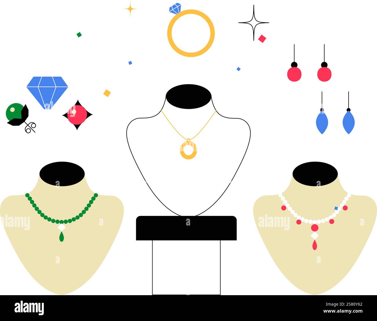 Jewelry Display With Necklaces And Earrings In Flat Vector Illustration ...