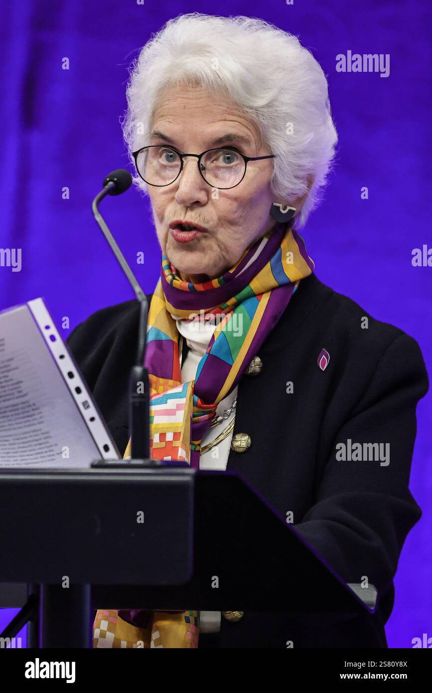 London, UK. 20th Jan, 2025. Holocaust survivor Eva Clarke, BEM, speaks ...