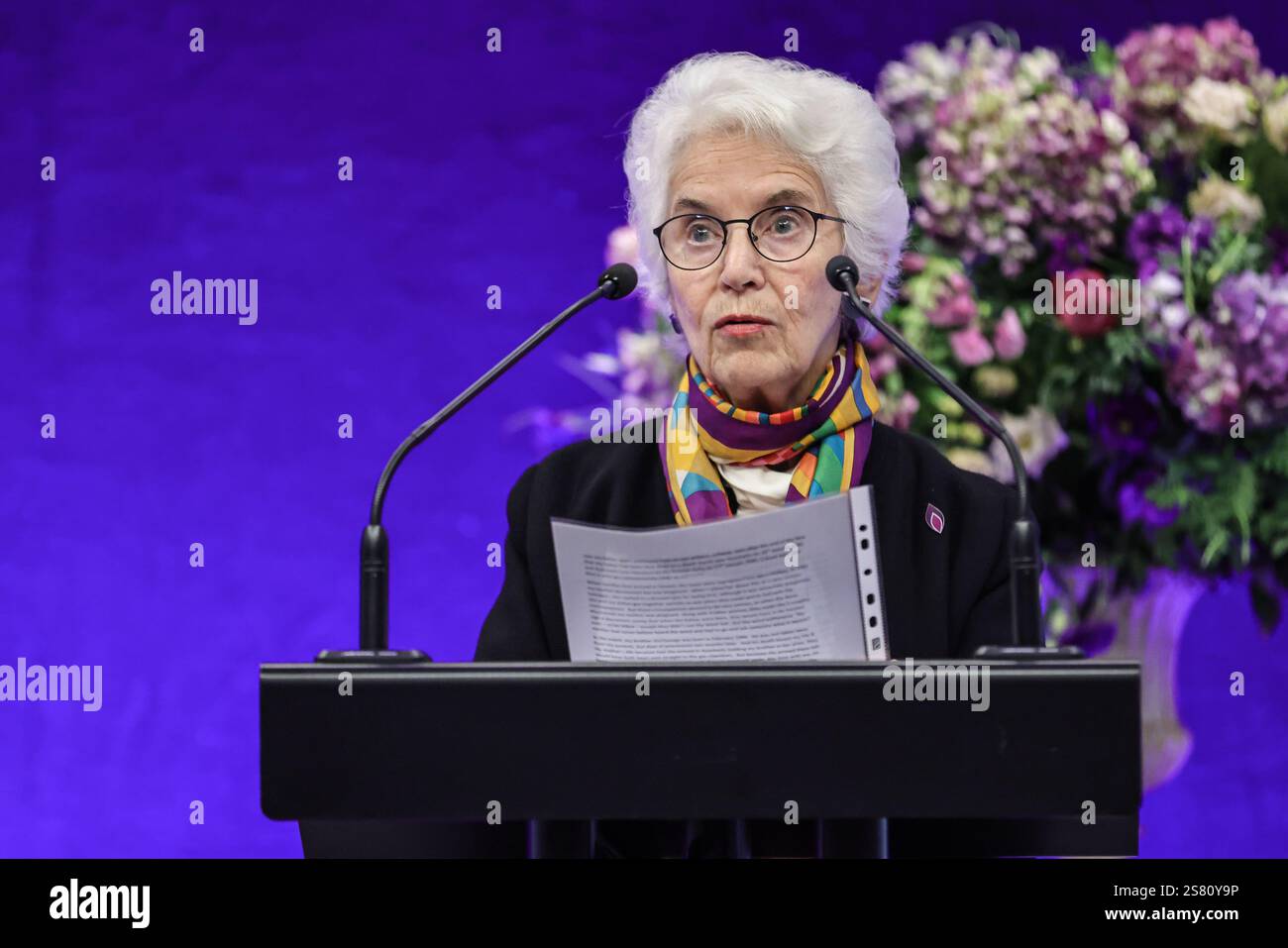 London, UK. 20th Jan, 2025. Holocaust survivor Eva Clarke, BEM, speaks ...