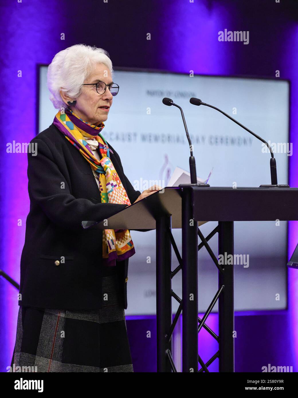 London, UK. 20th Jan, 2025. Holocaust survivor Eva Clarke, BEM, speaks ...