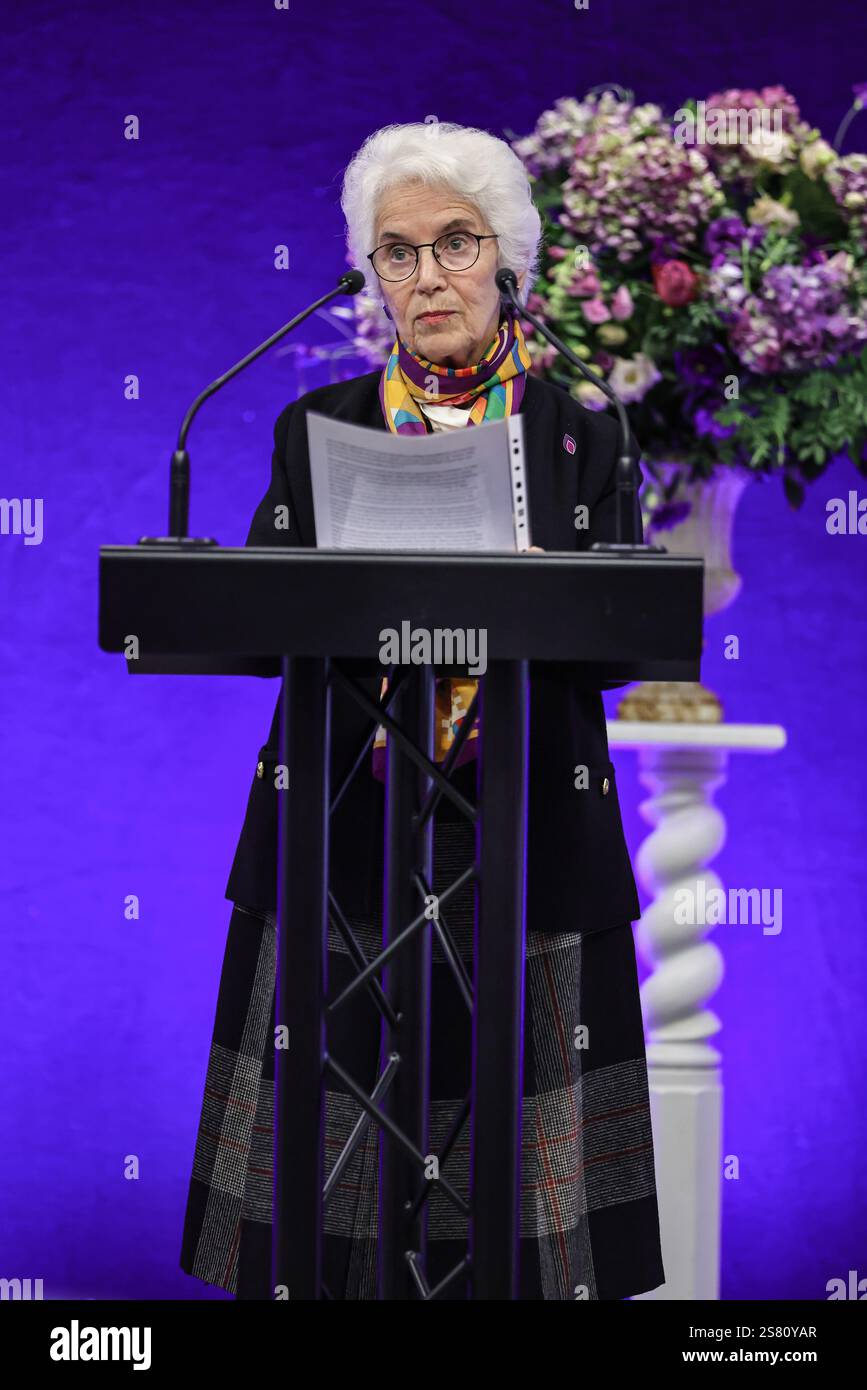 London, UK. 20th Jan, 2025. Holocaust survivor Eva Clarke, BEM, speaks ...