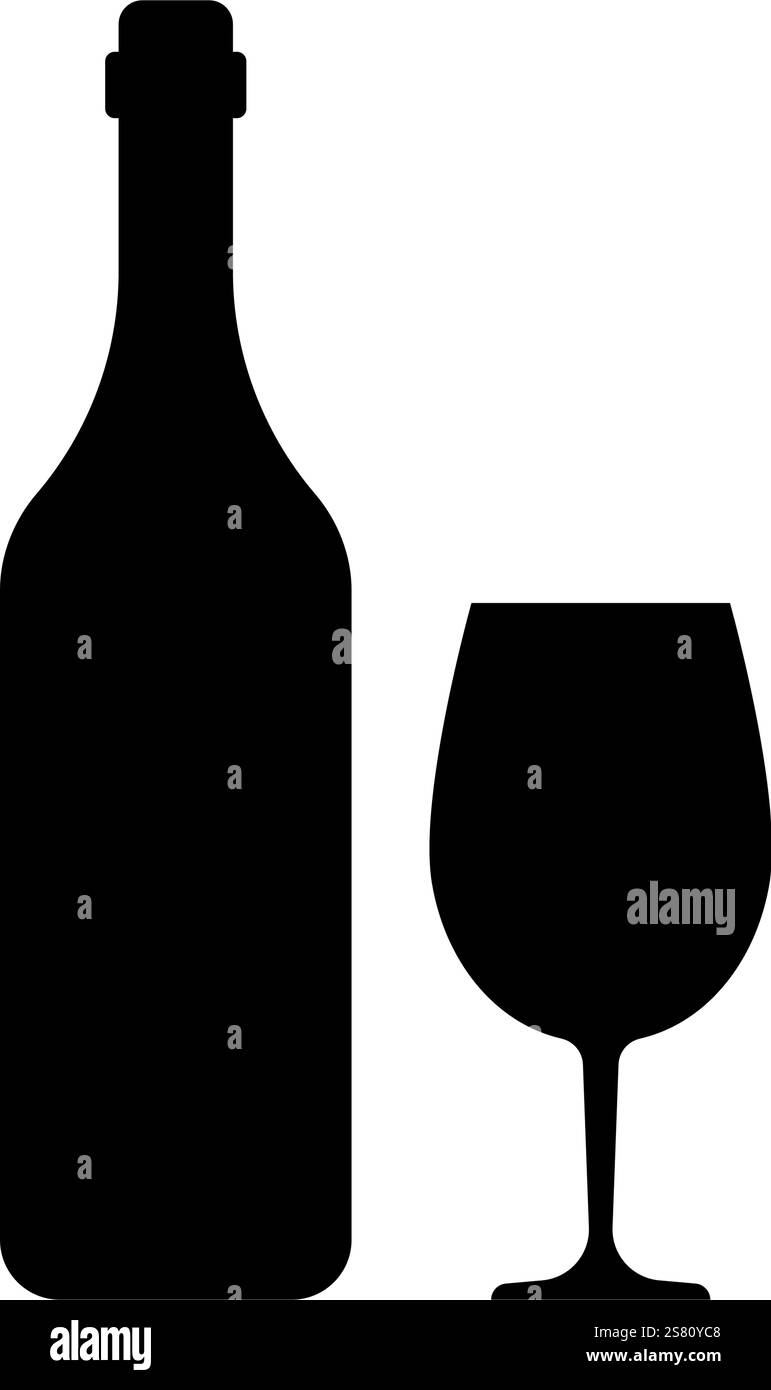 Wine bottle with glass icon in flat style. Alcohol drink vector ...