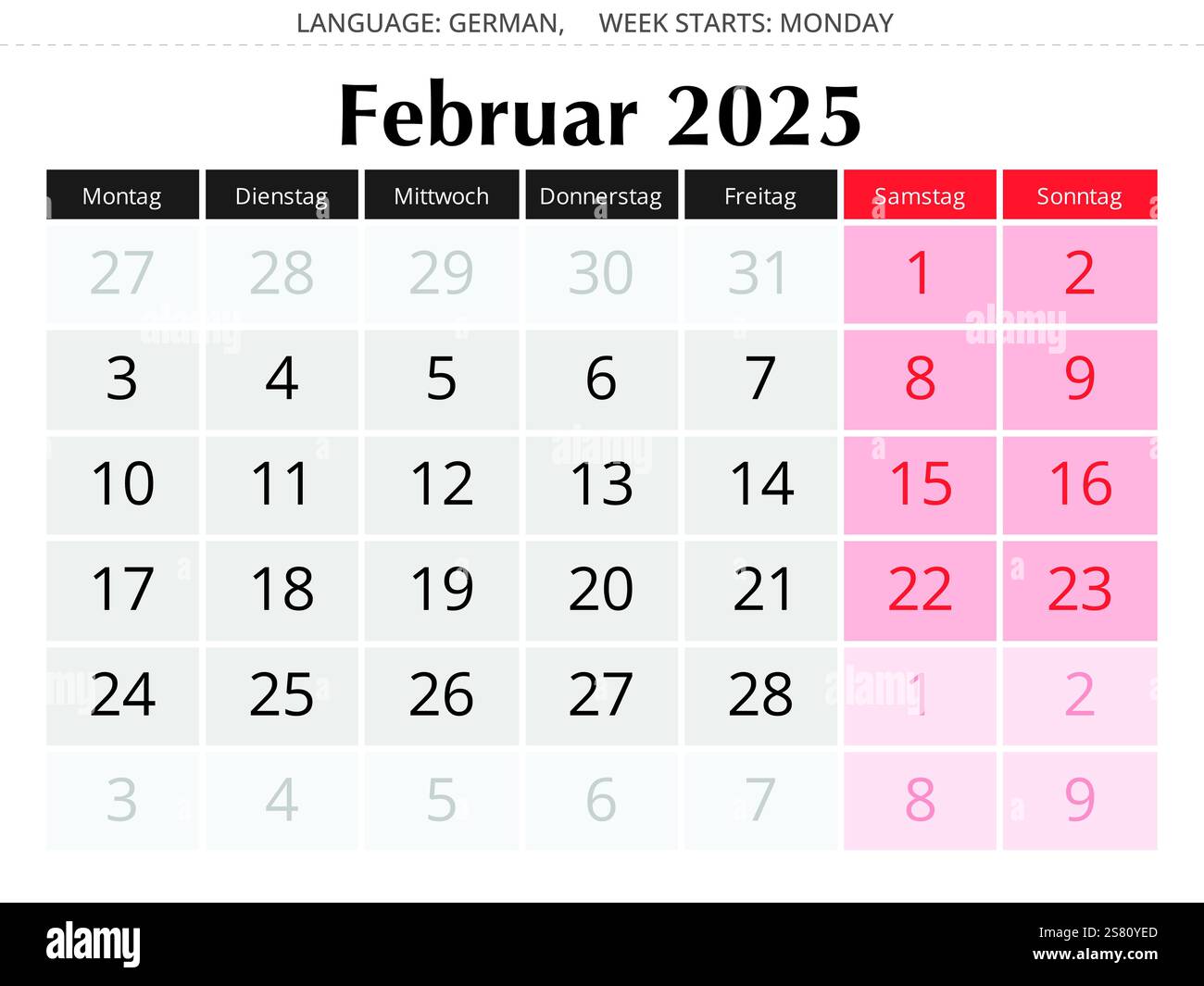 German calendar for february 2025. Vector illustration of winter month for Germany - Kalender ...