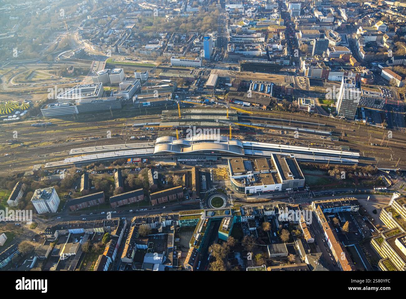 Aerial view, main station Hbf construction site with new track hall and ...