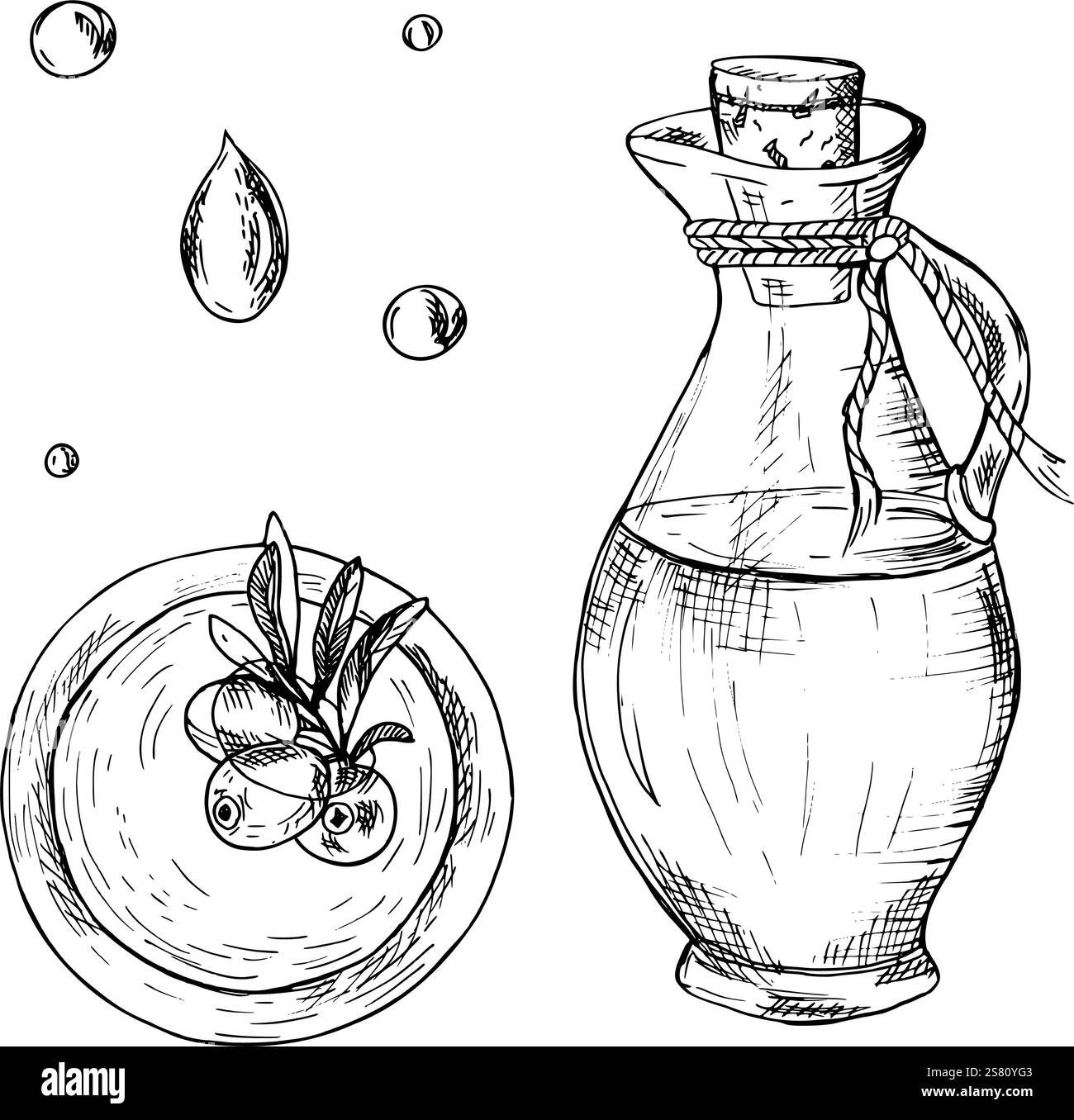 Set of Olive Oil glass Jug, oil drops, Olive fruits and Branches in oil ...