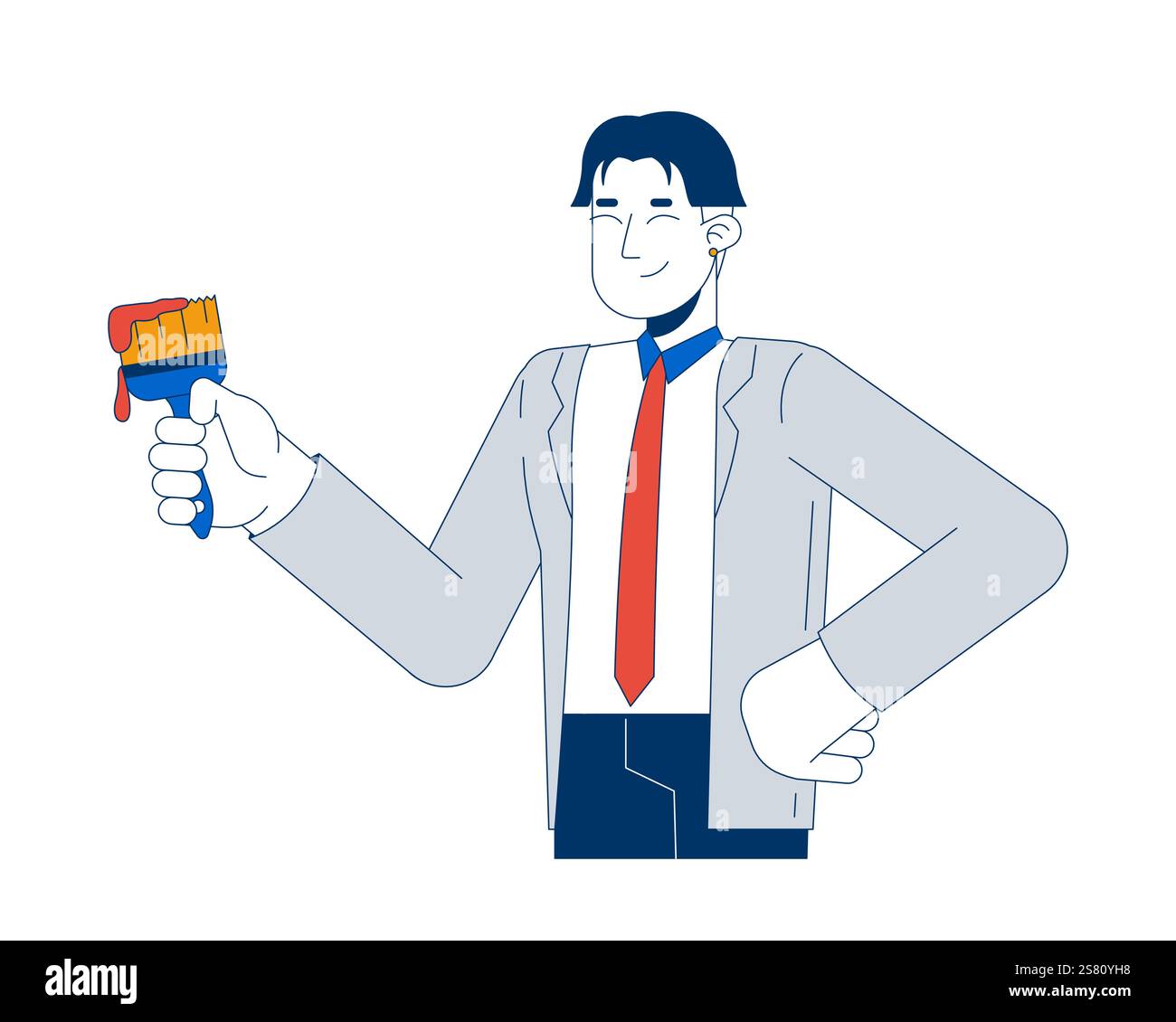 Professional asian man in suit holding paintbrush dripping paint 2D ...