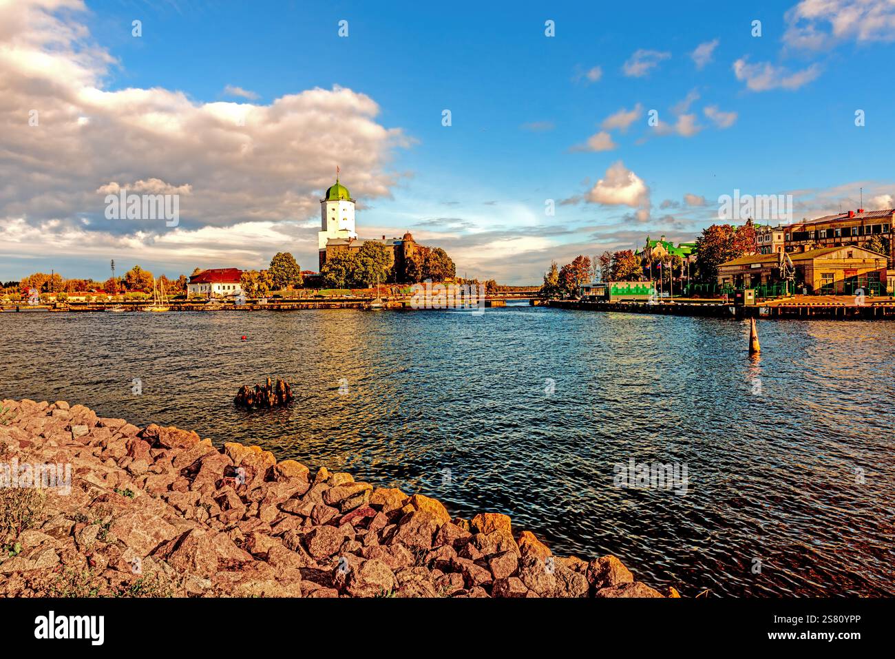 South Bay and view of the castle and Fortress Bridge in Vyborg Stock ...