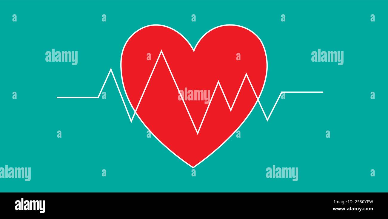 Red heart with electrocardiogram line on teal background Stock Vector ...