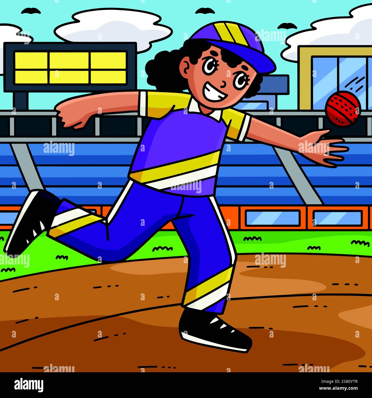 Cricket Female Fielder Catching the Ball Colored Stock Vector Image ...