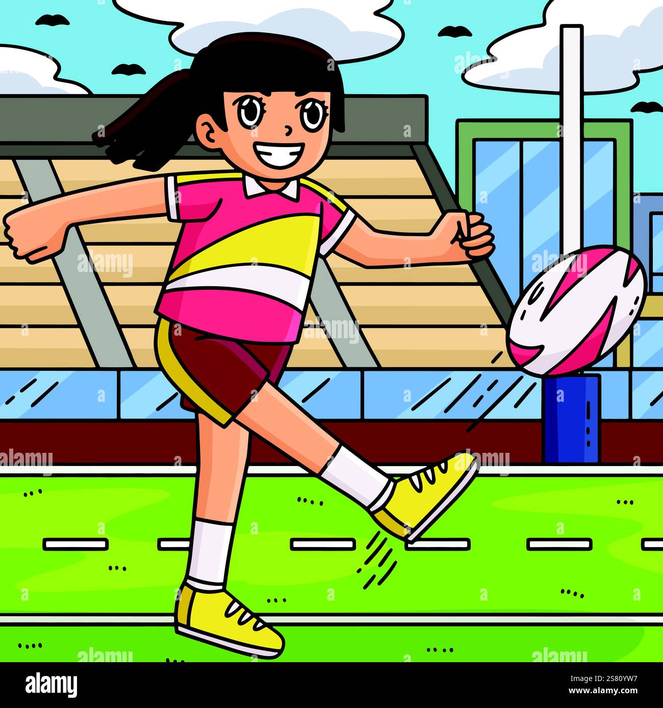 Female Rugby Female Kicking Ball Colored Cartoon Stock Vector Image ...
