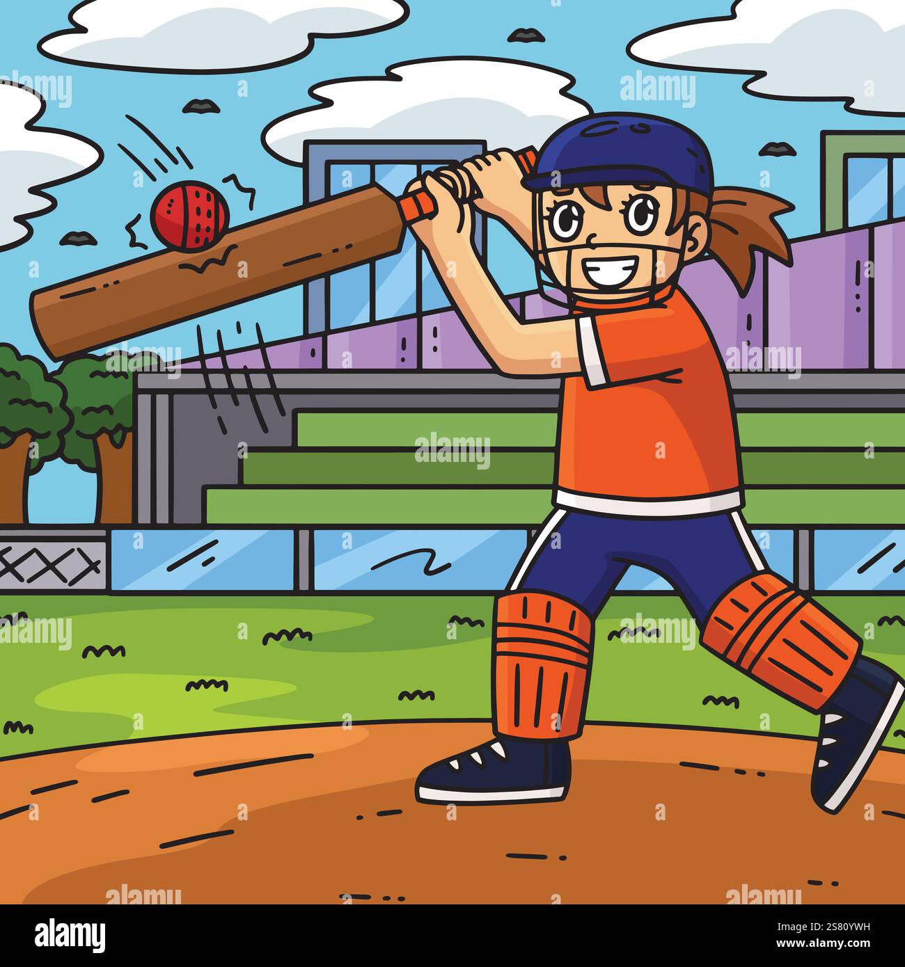 Cricket Female Striker Hitting the Ball Colored Stock Vector Image ...