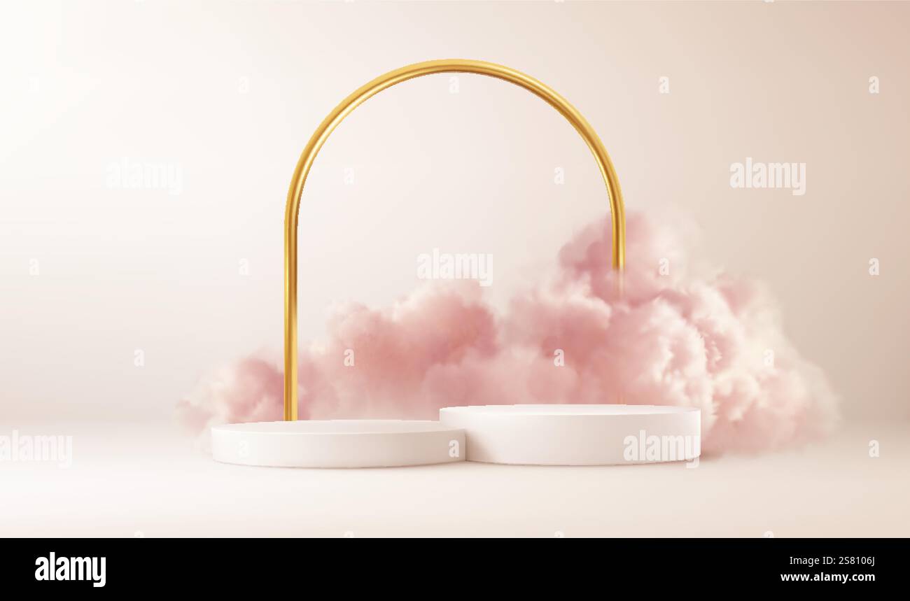 Modern Geometric Display Stand with Soft Pink Cloud and Golden Arch ...