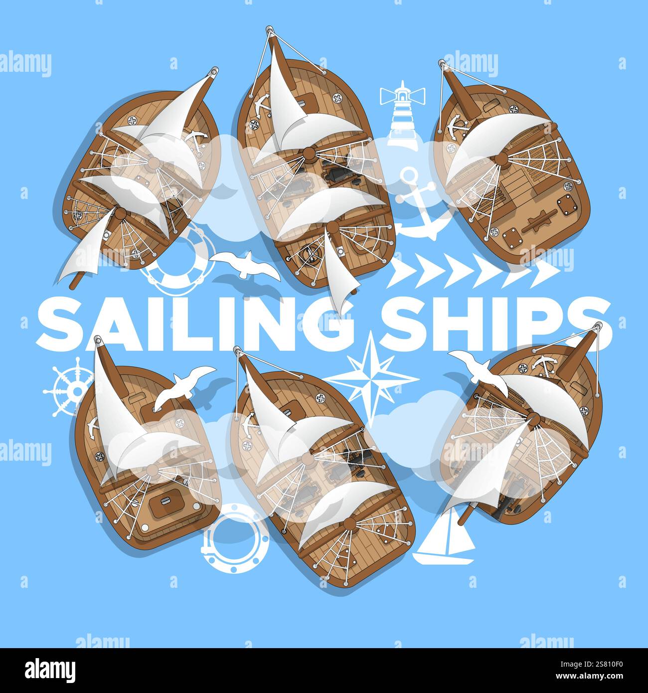 Sailing ships at sea. Set of elements. On a blue background. Vector ...