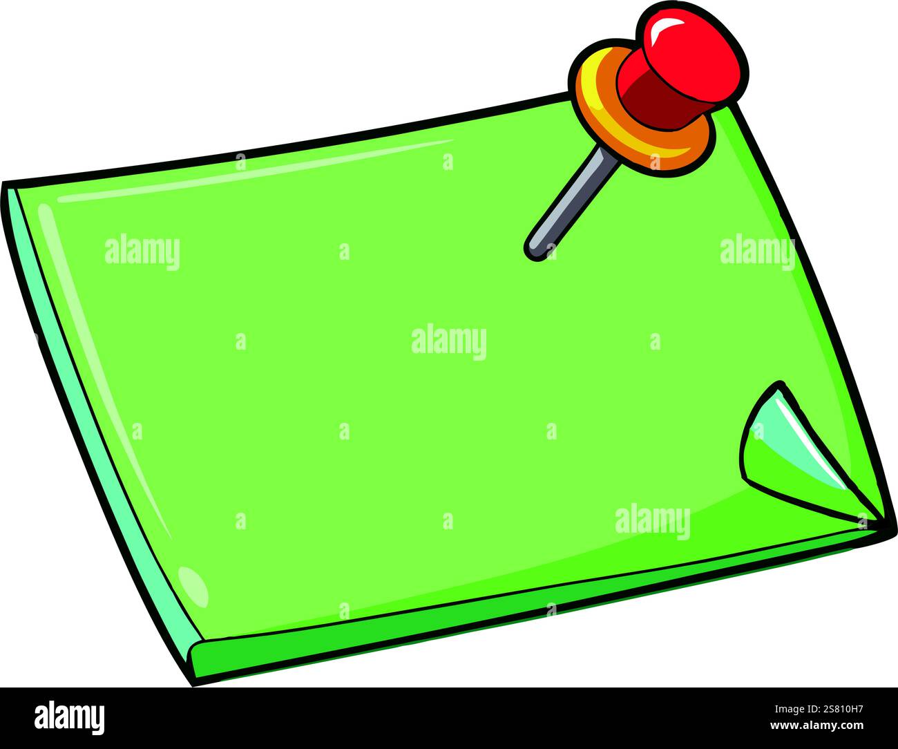 Cartoon style green paper note with push pin, ideal for illustrating ...