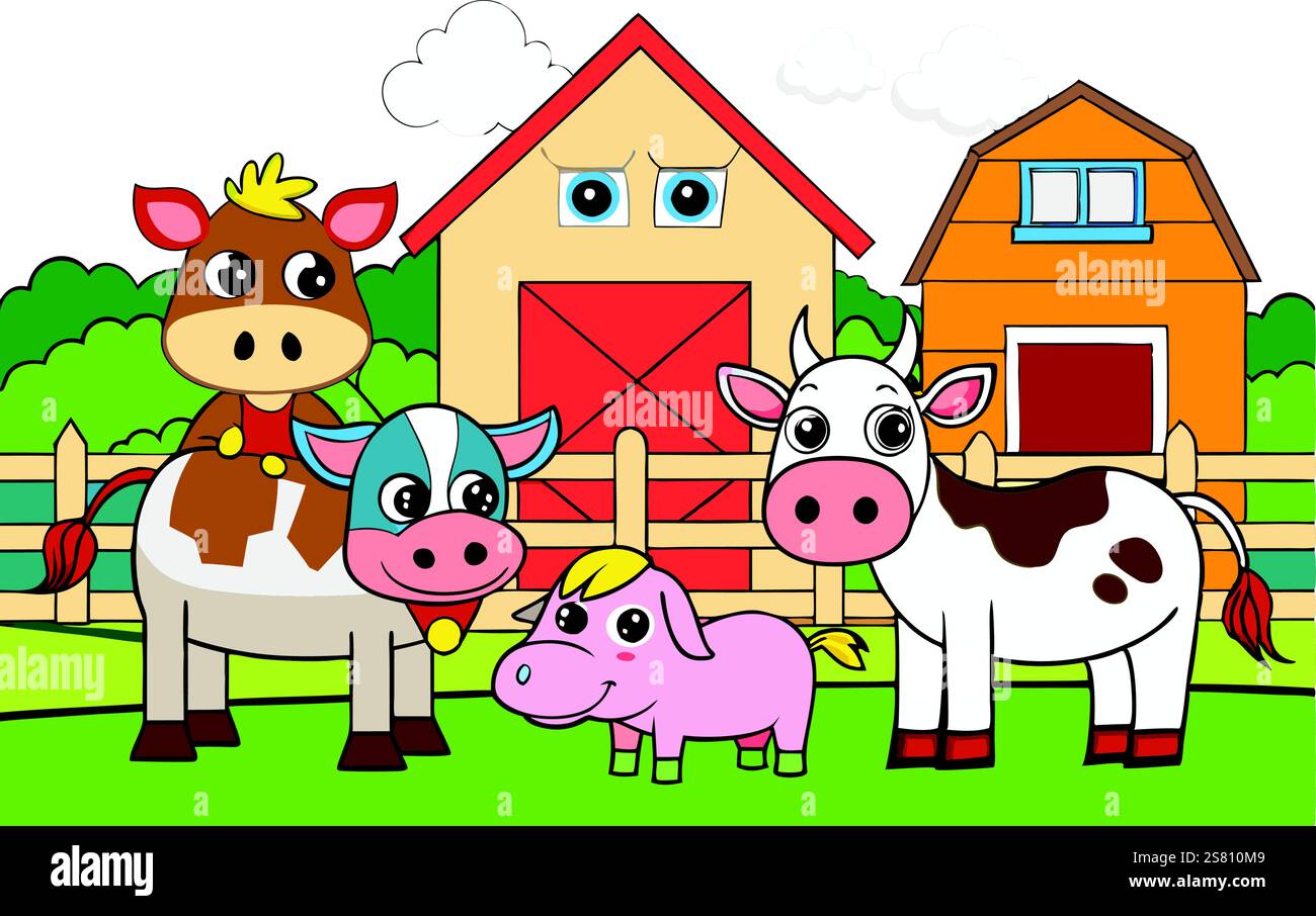 Fun and cheerful cartoon animals from the farm, featuring cows, pigs ...