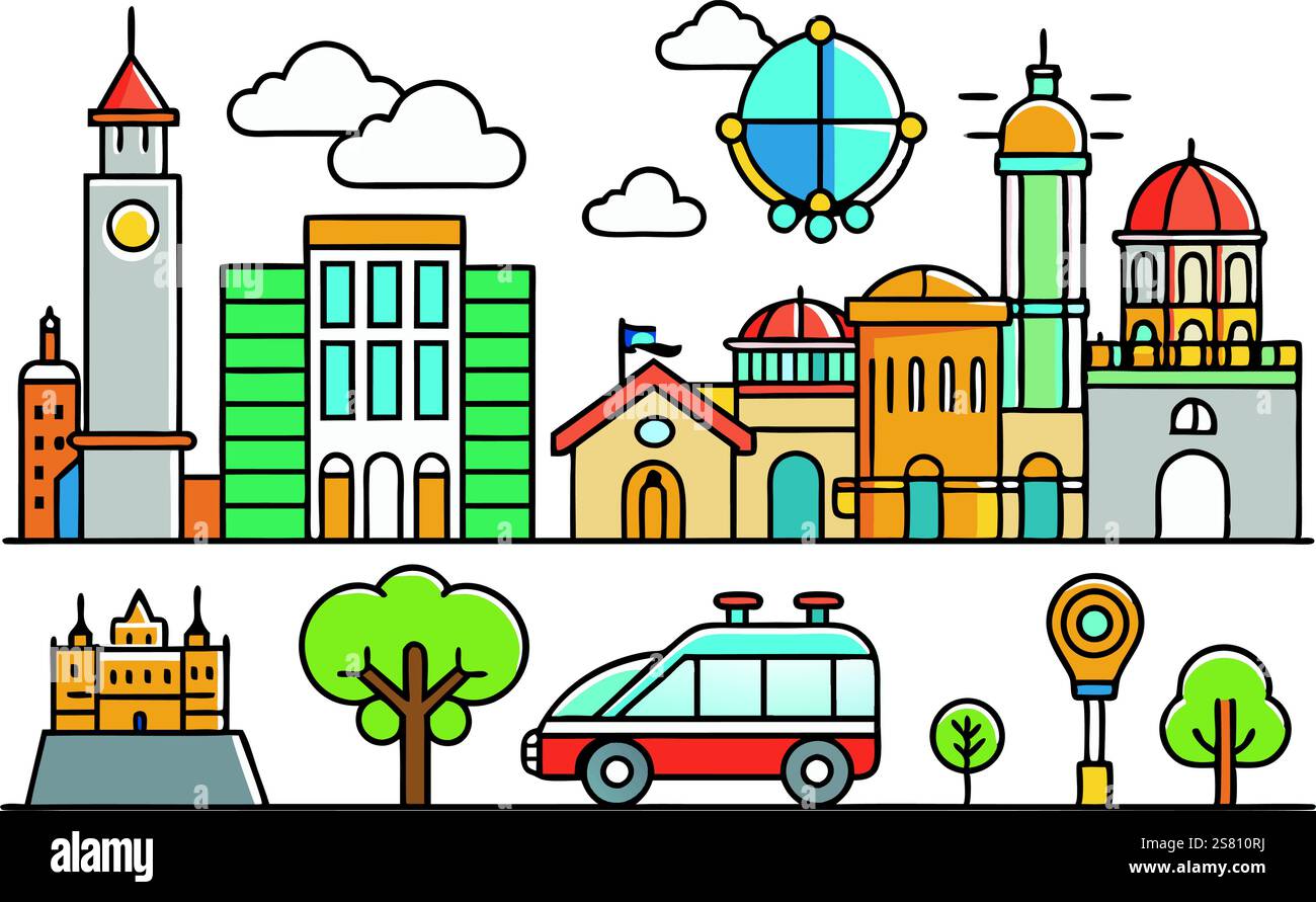 Colorful cityscape illustration featuring iconic buildings, trees, and ...