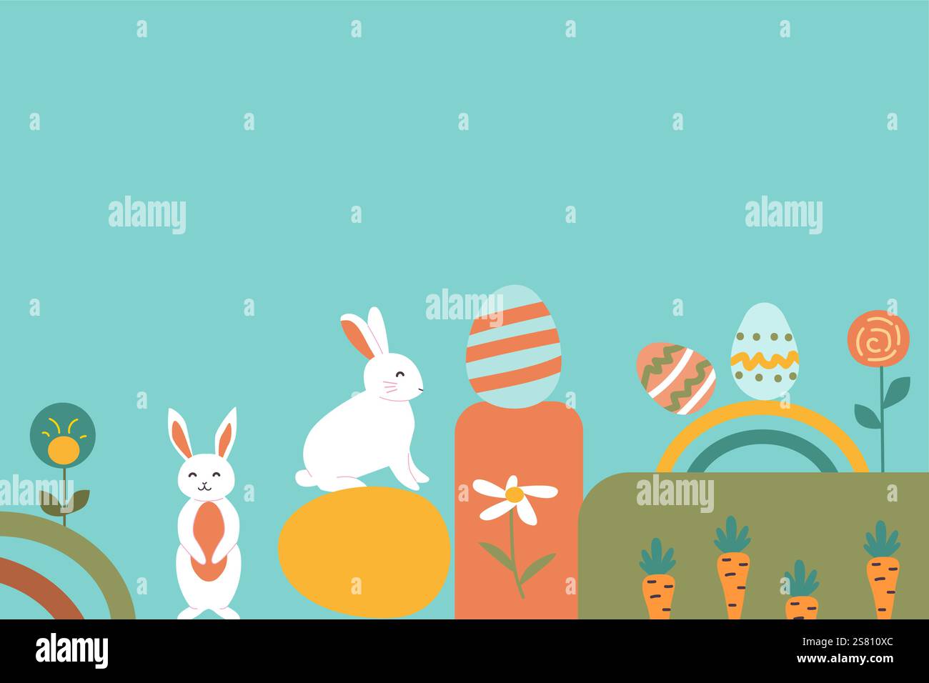 Colorful easter scene with rabbits, eggs, and carrots on pastel ...
