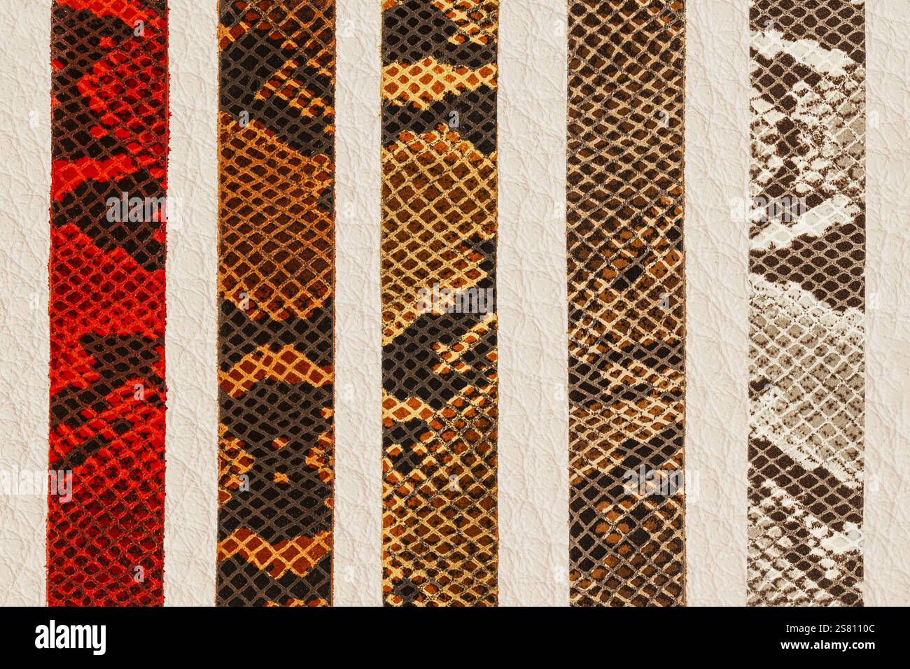 Display of vertical colorful snake skin patterns arranged in stripes on ...