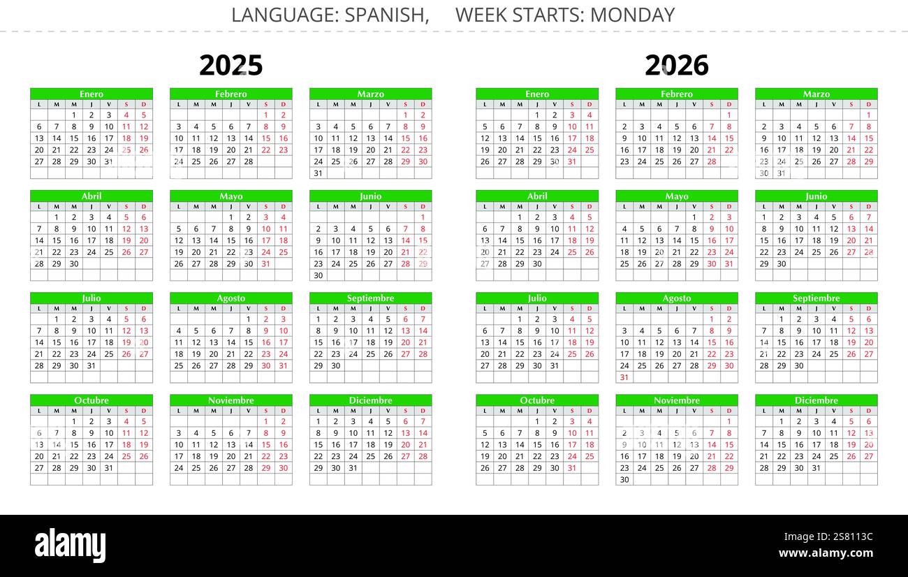 2025, 2026 spanish year calendars. Vector illustration for Spain ...