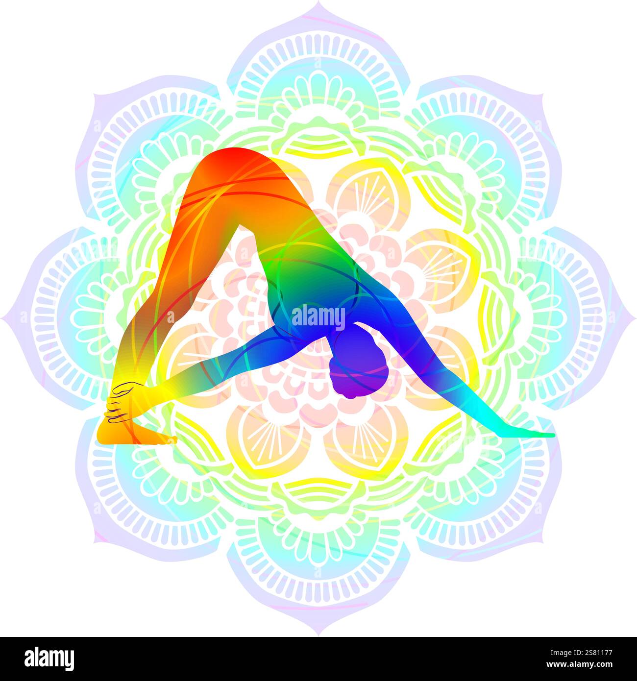 Colorful silhouette of woman practicing Parivritta Adho Mukha ...
