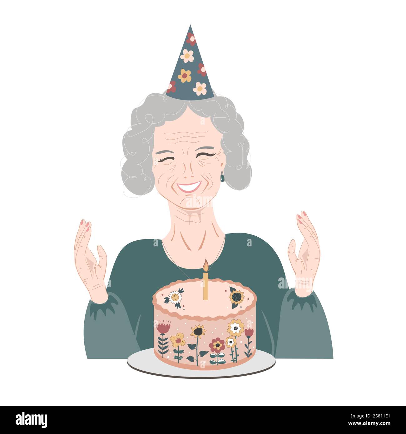 Happy elderly woman with a birthday cake. Senior lady celebrating her ...