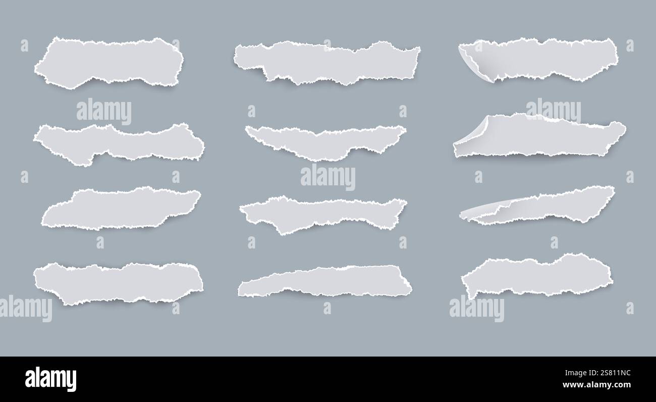 Set of white torn paper pieces of different shapes isolated on light ...