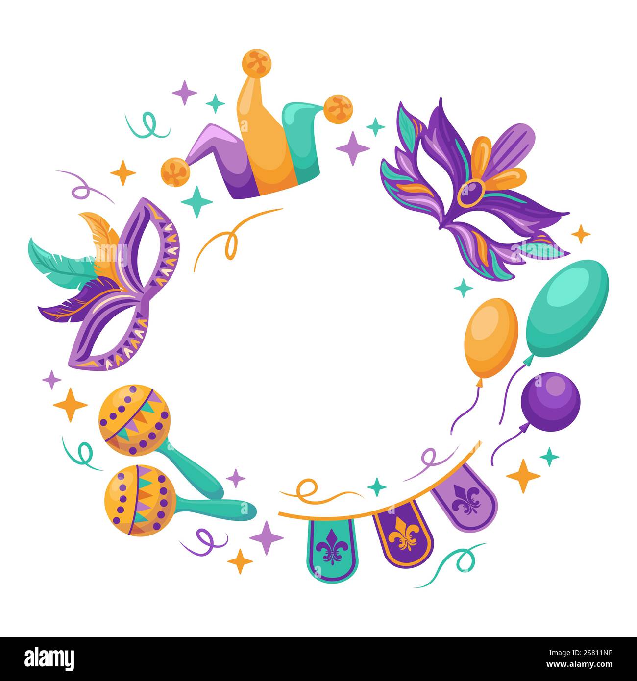 A vibrant round frame celebrating Mardi Gras and carnival, adorned with ...