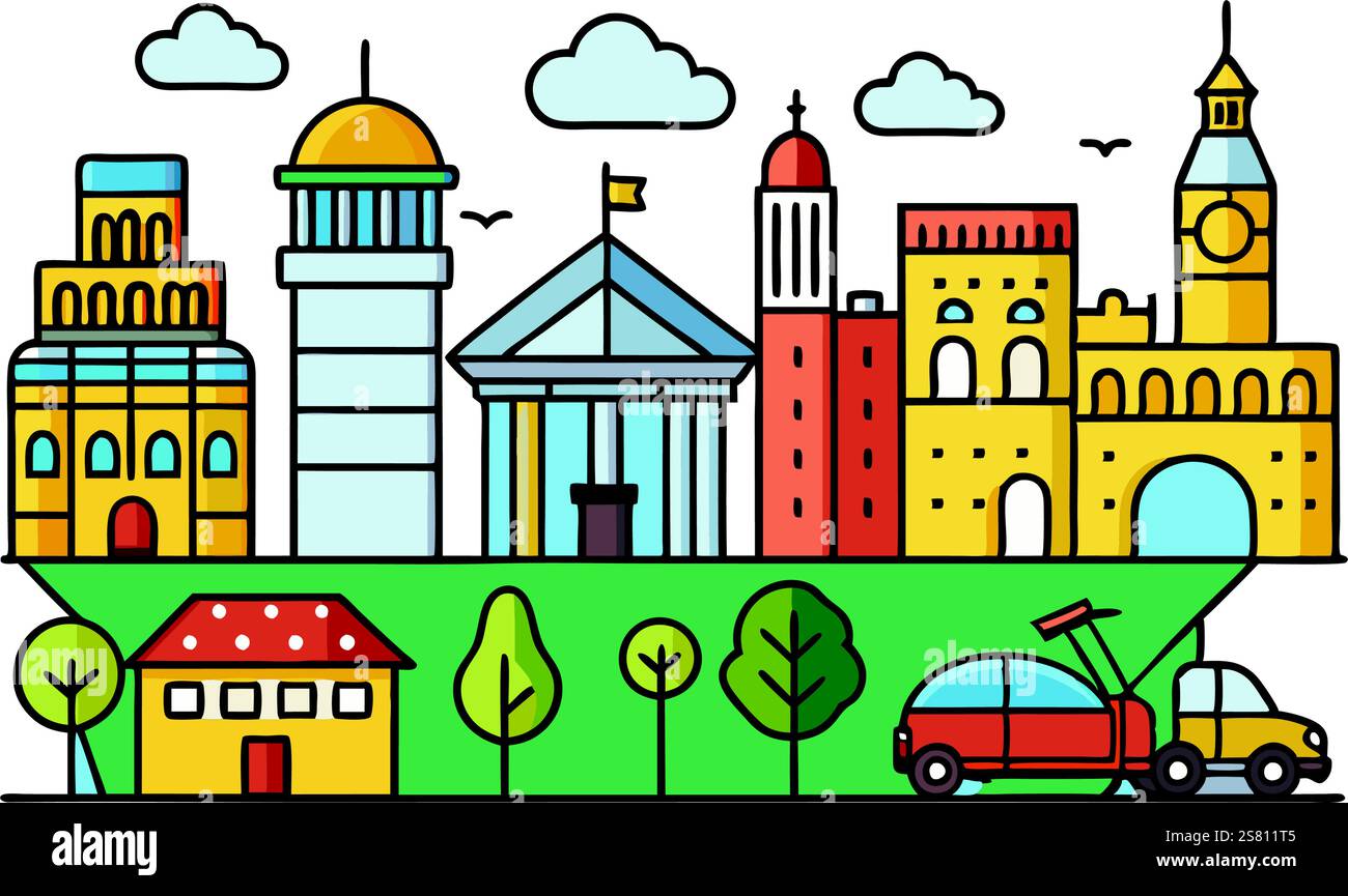 Cute and colorful illustration of a city with buildings, cars, trees ...