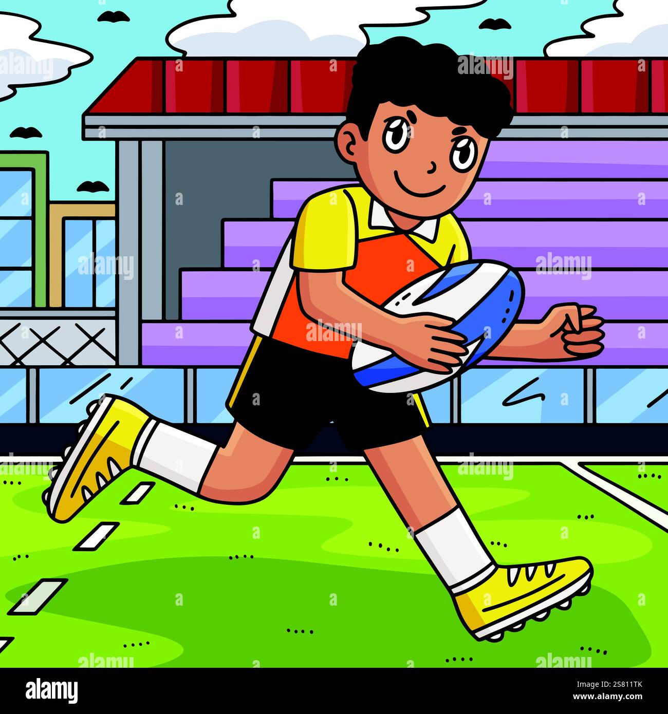 Rugby Player Running the Ball Colored Cartoon Stock Vector Image & Art ...