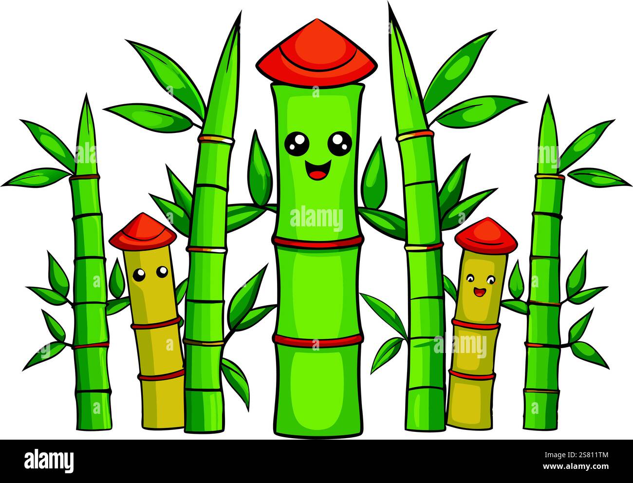 Animated bamboo stalks with happy expressions, featuring red roofs ...