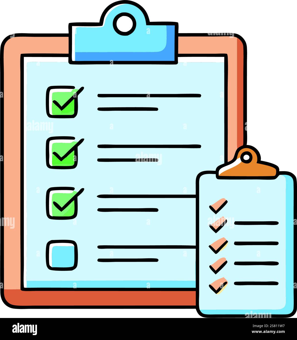 Clipboard with completed tasks and a red pencil, concept of finishing ...