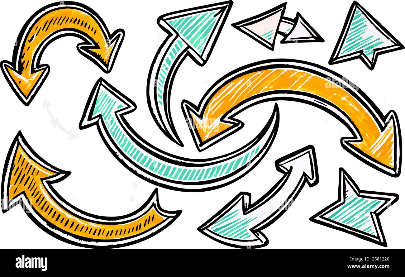 Creative hand drawn arrows in a curved, doodle style, symbolizing ...