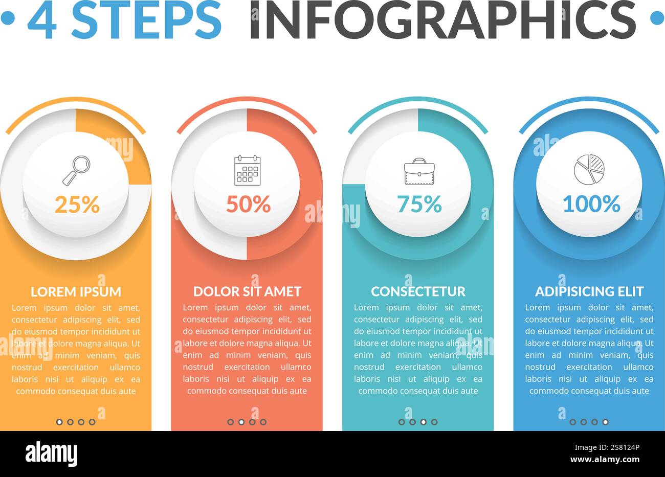 Infographic template with four round progress indicators, workflow ...