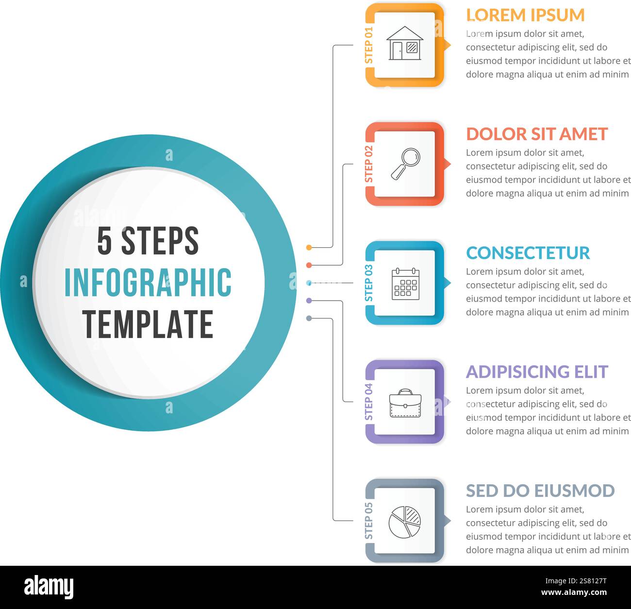 Infographic template with main idea and 5 steps or options, workflow or process chart, vector ...