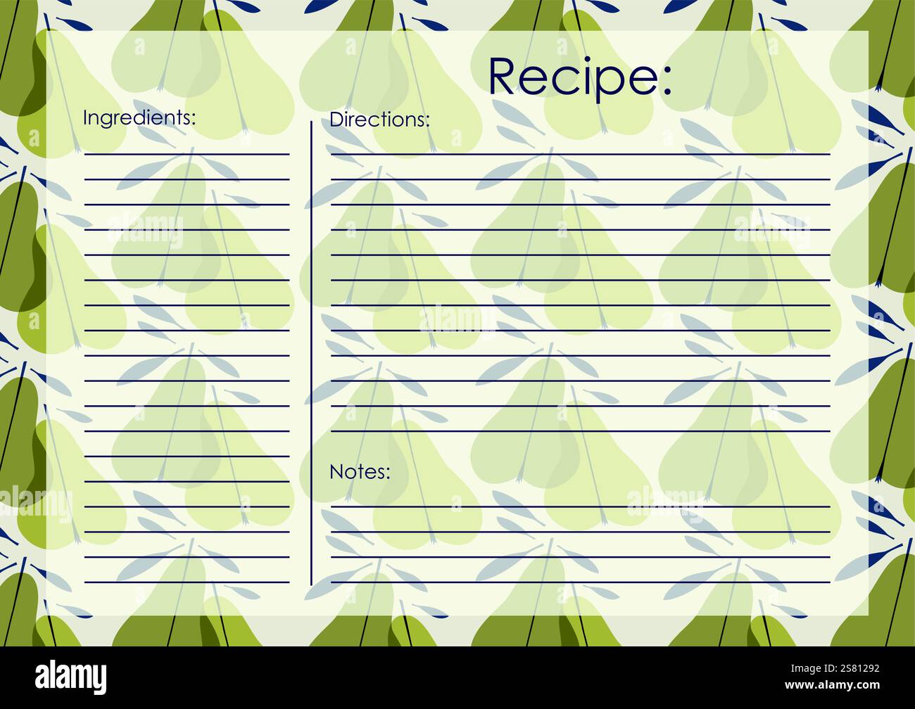 Recipe card template - fruits pastry. Juicy pears bakery cooking list ...