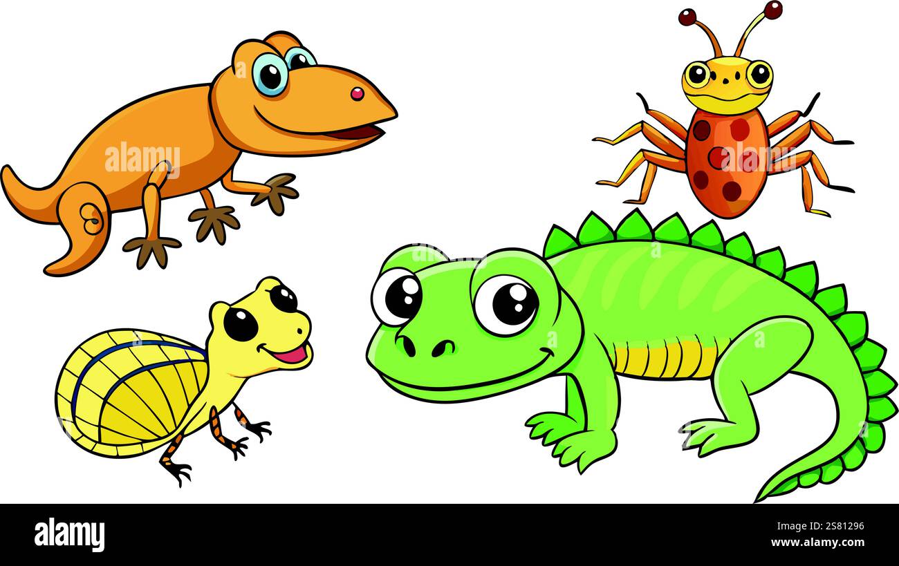 Colorful cartoon characters of amphibians, reptiles, and insects ...