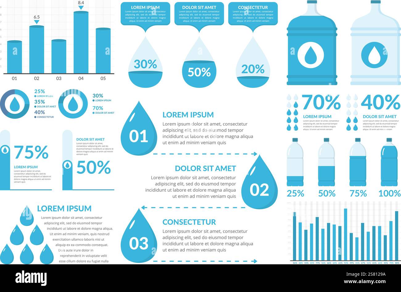 Water infographic elements - drops, bottles, graphs, percents, vector ...