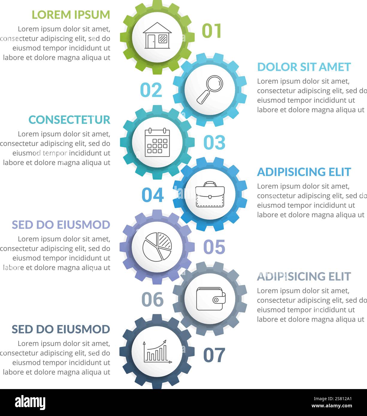 Infographic template with seven gears with line icons, vector eps10 ...