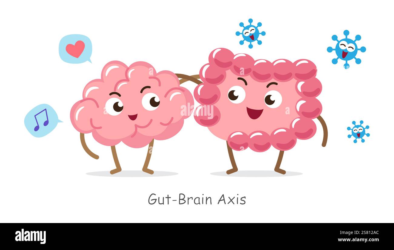 Gut-brain axis . Cartoon character of human brain and intestine ...