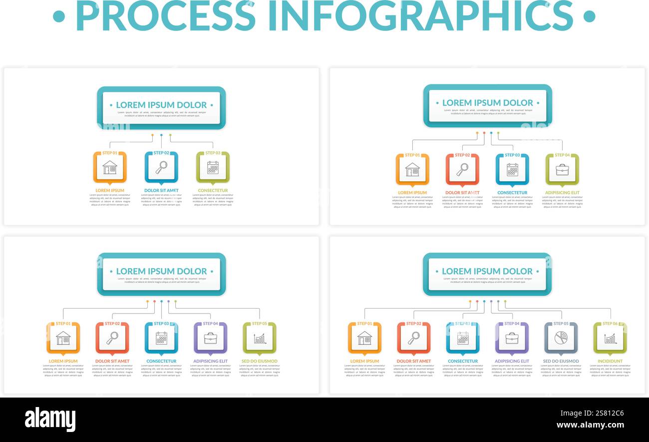 Four porcess infographic templates with 3, 4, 5 and 6 steps, vector ...