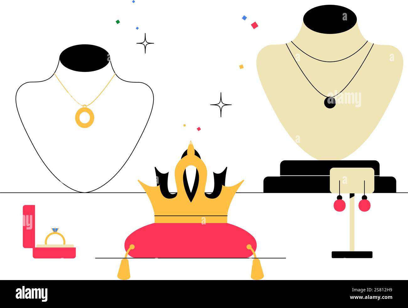 Jewelry Display Featuring Crown Necklace Earrings And Ring Box In Flat ...