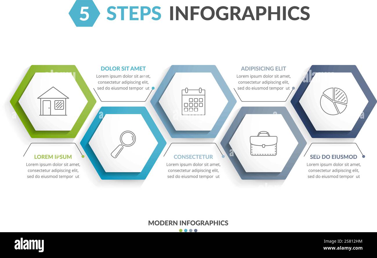Infographic template with 5 hexagons with line icons, process chart ...
