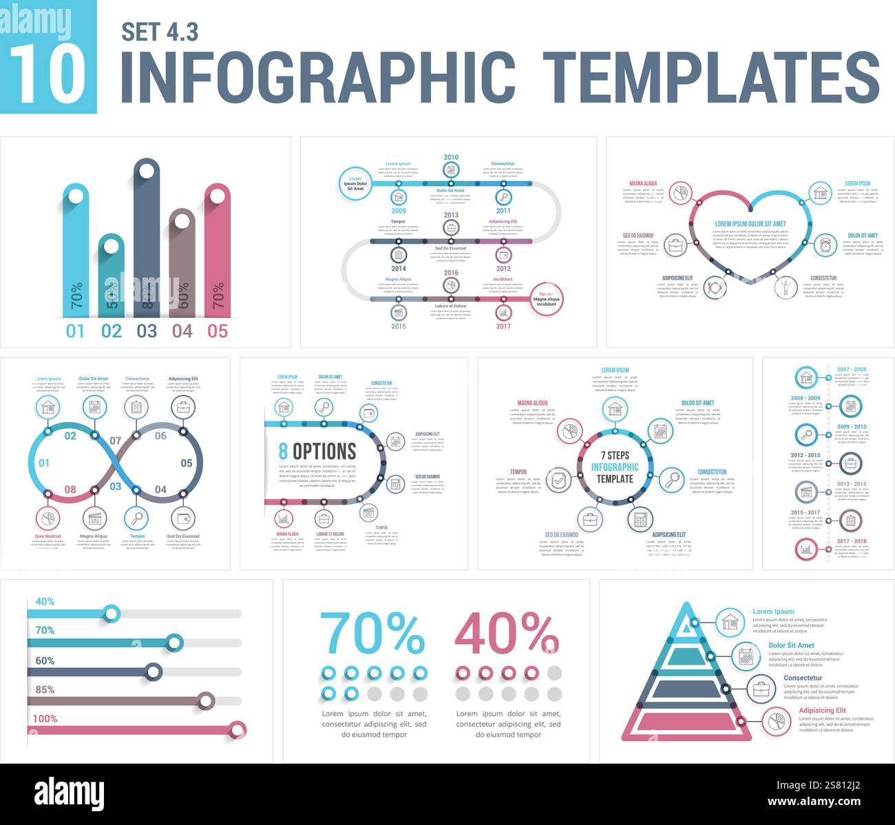 9 infographic templates - timelines, bar charts, pyramid, percents ...
