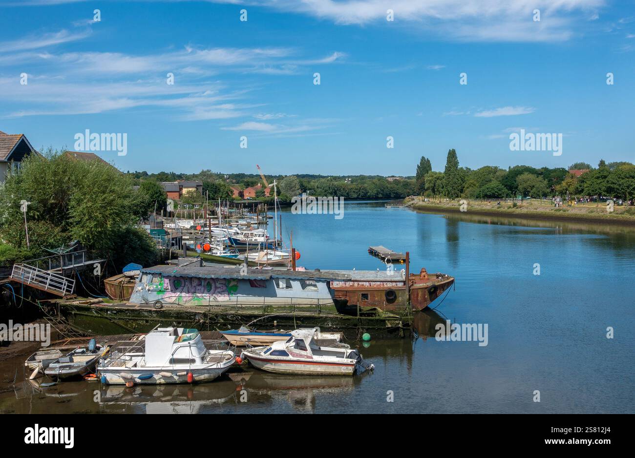 View from Cobden Bridge of moored boats on the River Itchen opposite ...