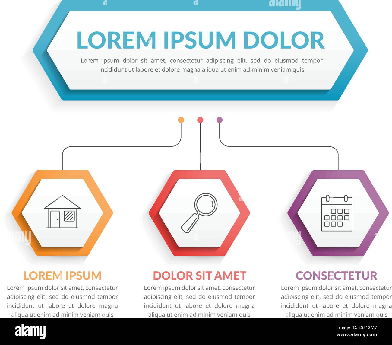 Infographic template with hexagons with main idea and 3 steps or options, workflow, process ...