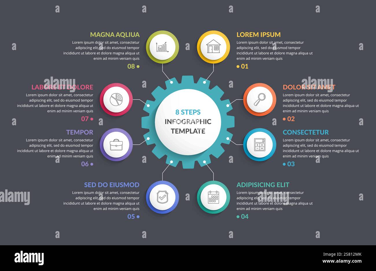 Infographic template with gear with eight elements, steps or options ...