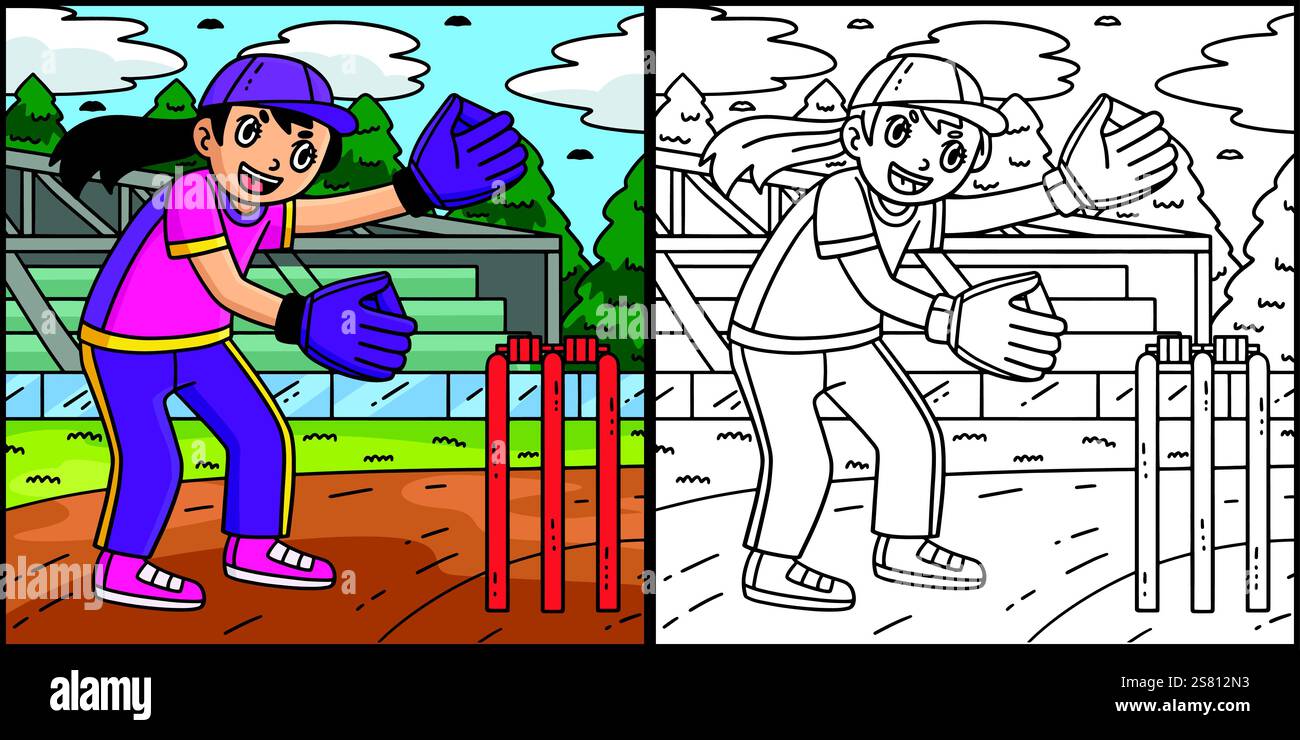 Cricket Female Wicketkeeper Coloring Illustration Stock Vector Image ...