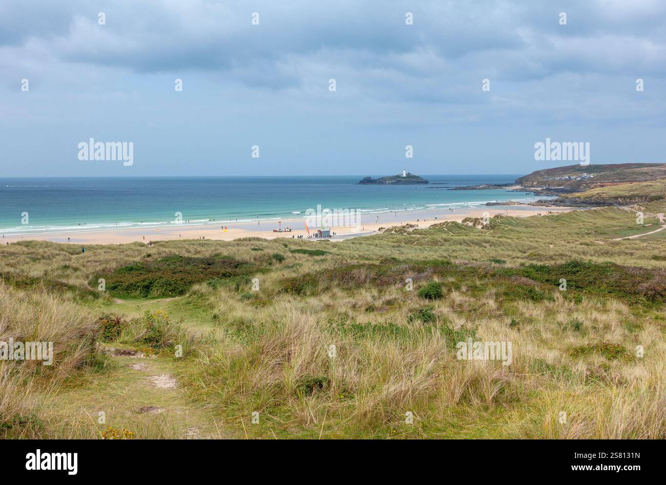 Scenic view across the beautiful sand dunes of Gwithian Beach with ...