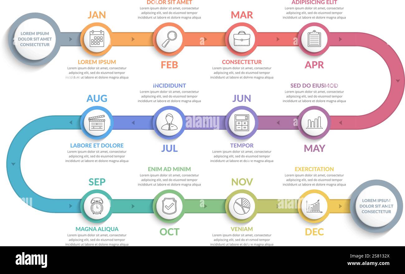 Timeline infographics with 12 months, vector eps10 illustration Stock ...