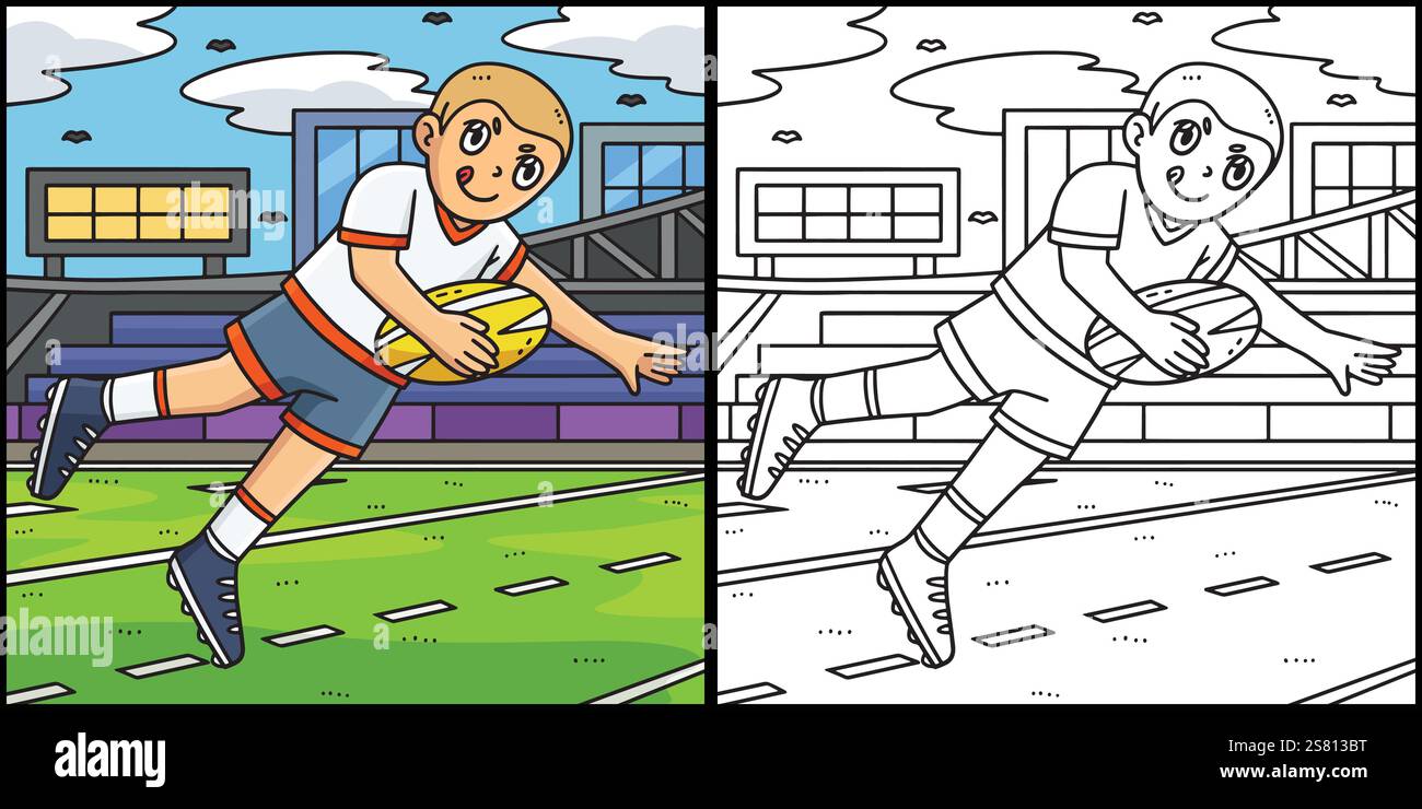 Rugby Player Trying to Score Coloring Illustration Stock Vector Image ...